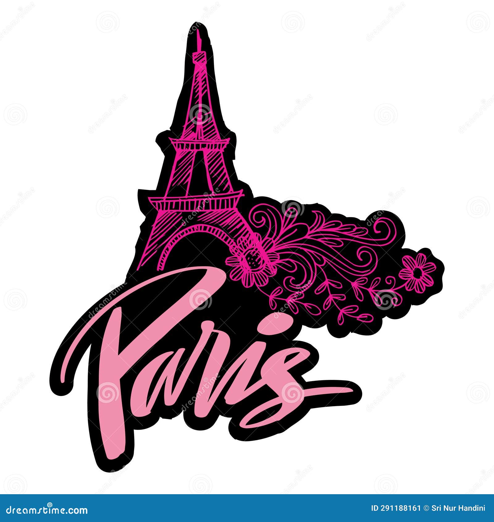 Paris Lettering with Eiffel Tower, Hand Drawn Vector Illustration ...