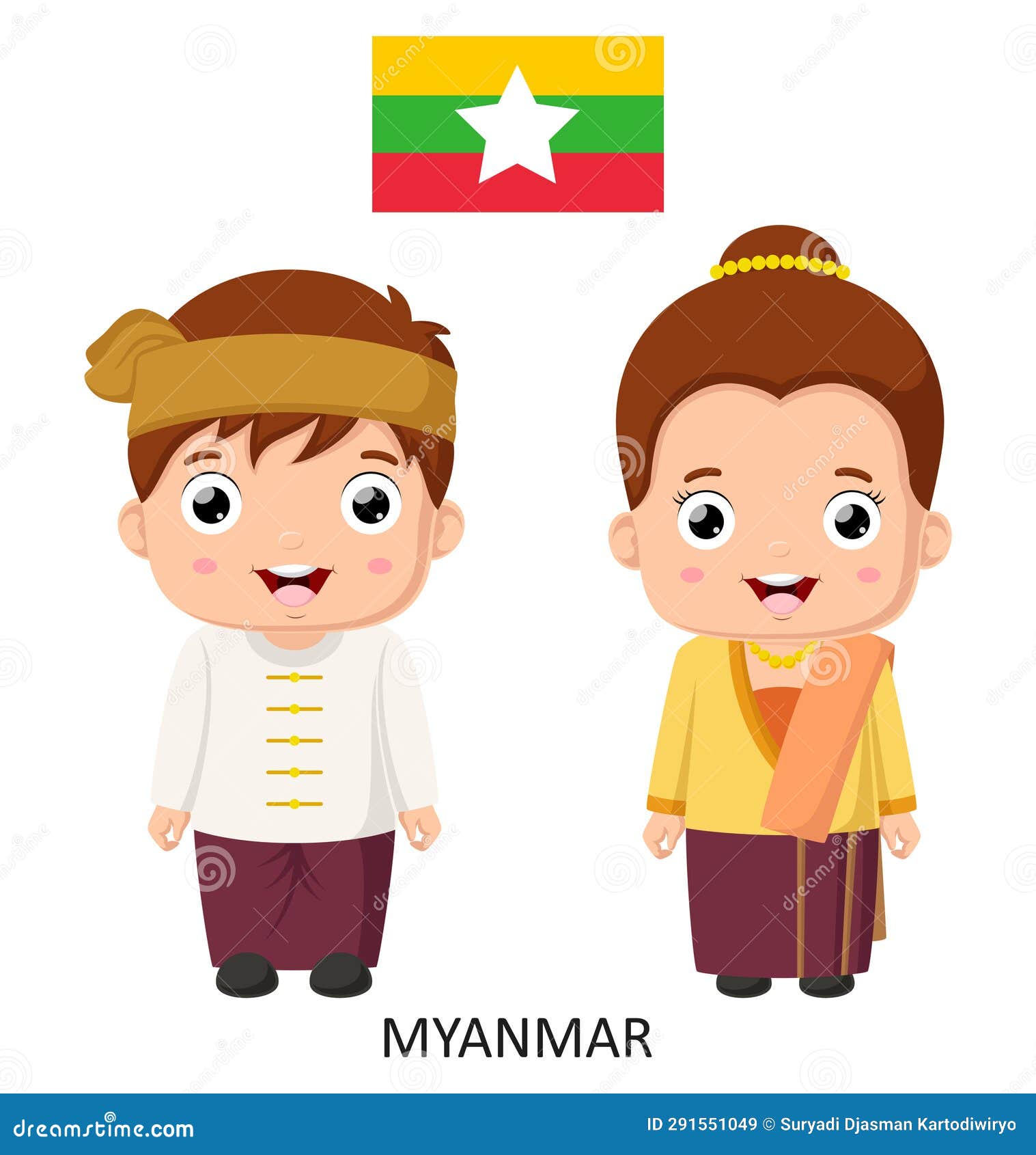 Cute Myanmar Boy and Girl in National Clothes Stock Vector ...