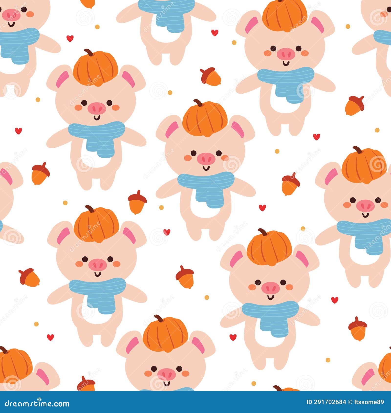 Seamless Pattern Cartoon Pig, Pumpkin and Autumn Vibes Element Stock ...