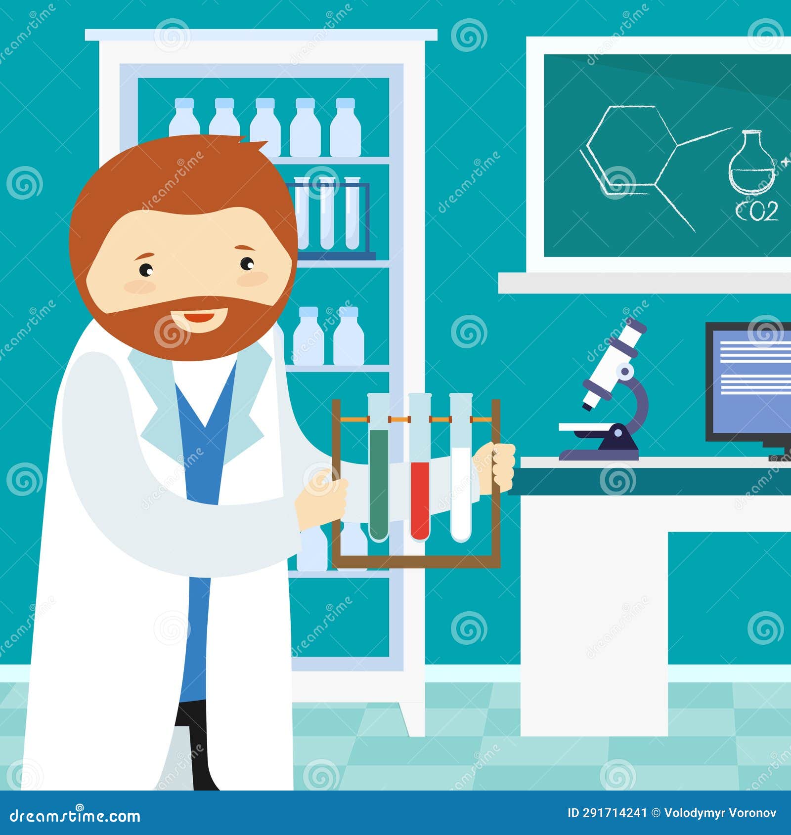 Scientist Man Working in Laboratory. Flat Design Stock Vector ...