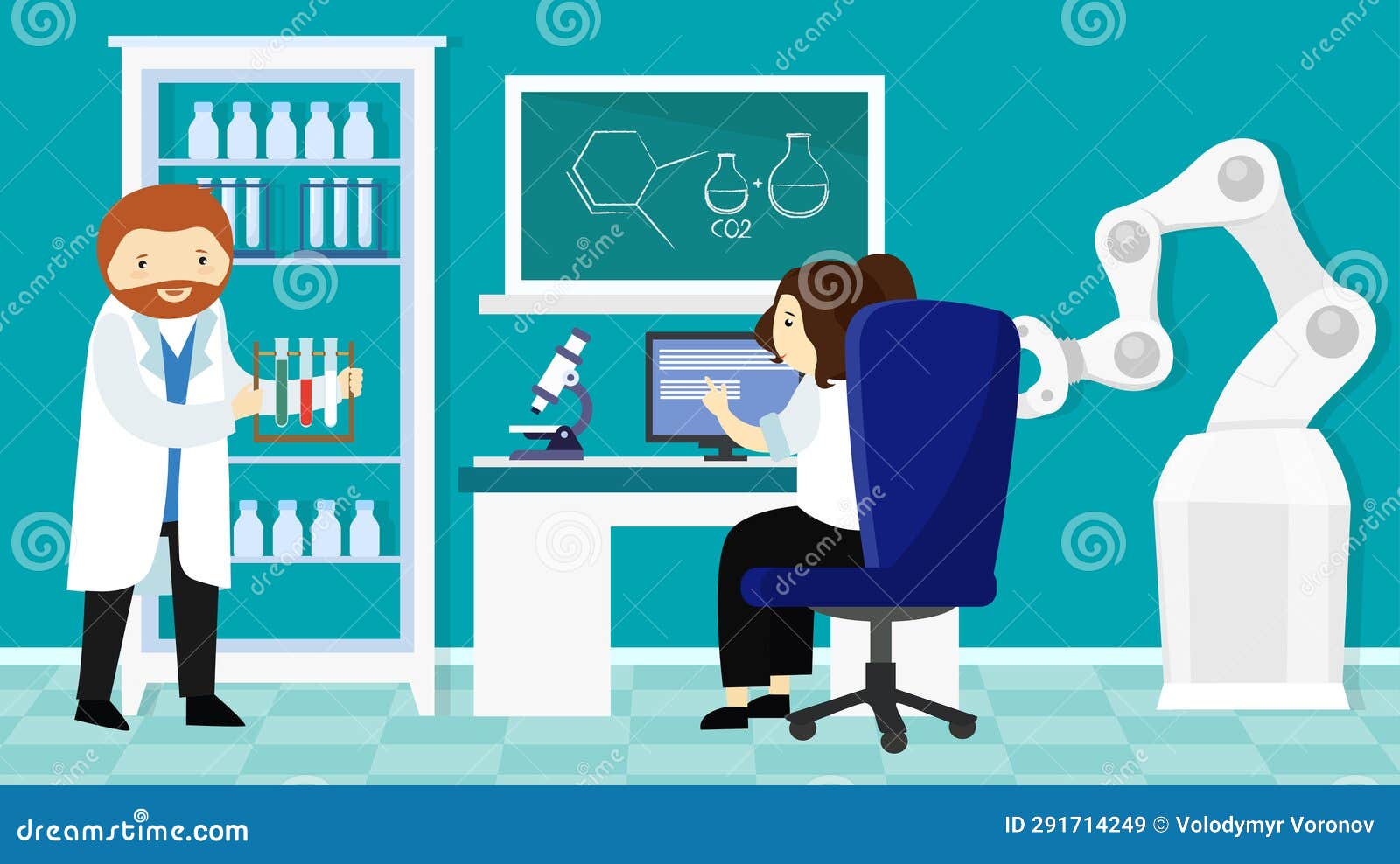 Scientist Working with Microscope in Laboratory. Vector Illustration ...