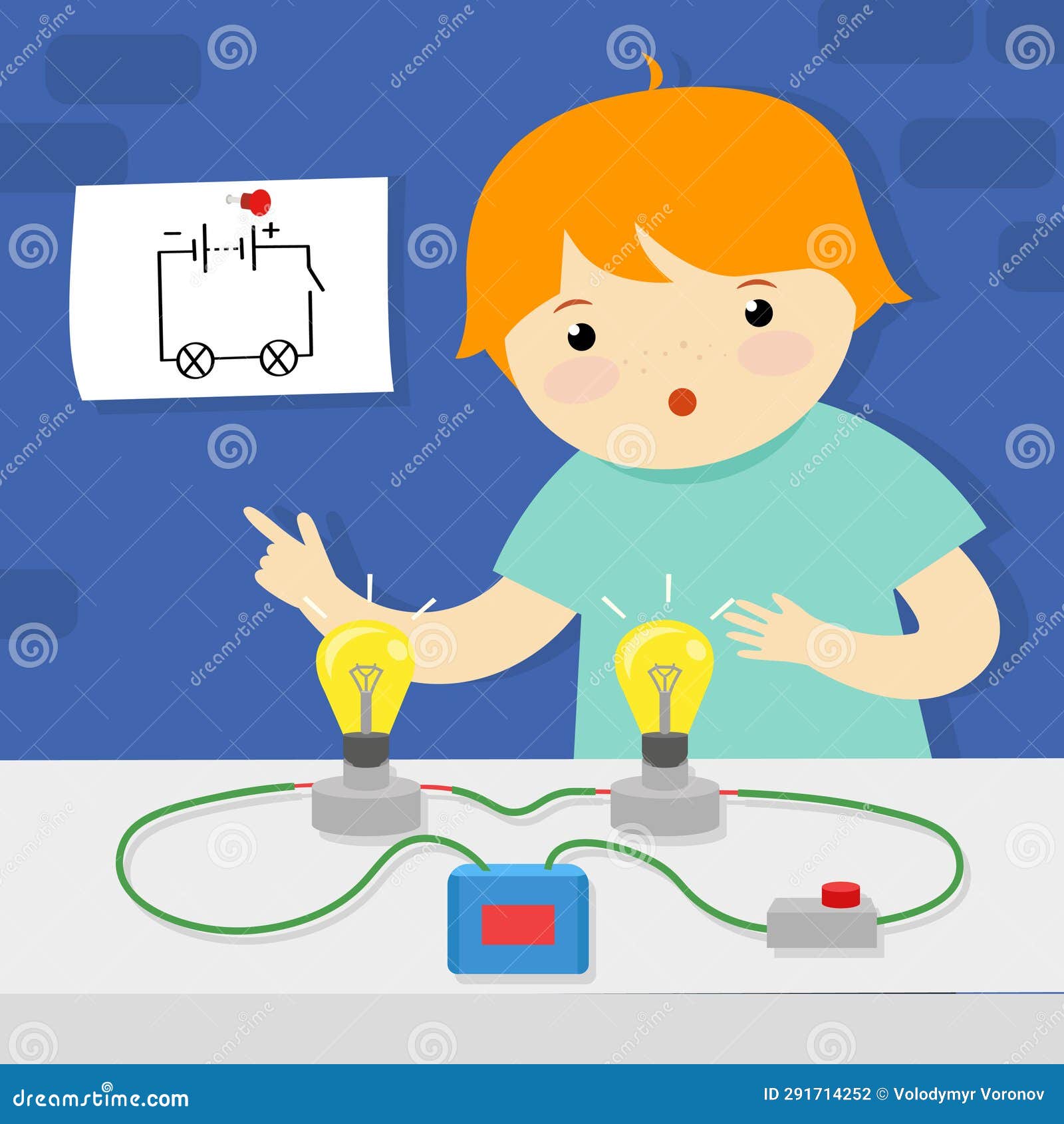 A Boy Assembles an Electrical Circuit with Light Bulbs. Stock Vector ...