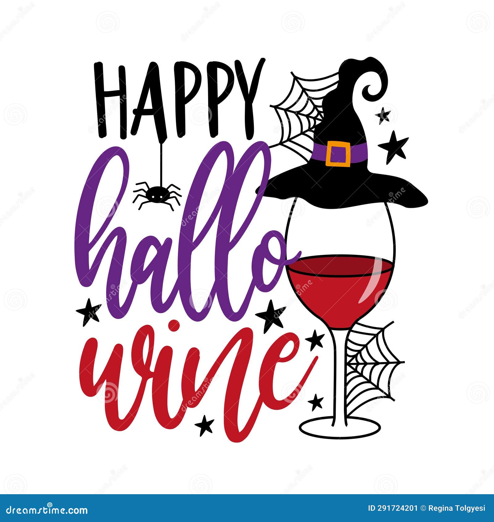 Happy Hallowine - Funny Greeting with Wineglass in Witch Hat. Spider ...