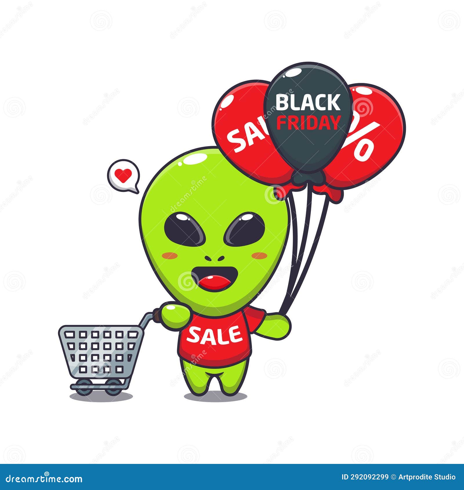 Cute Alien with Shopping Cart and Balloon at Black Friday Sale Cartoon ...