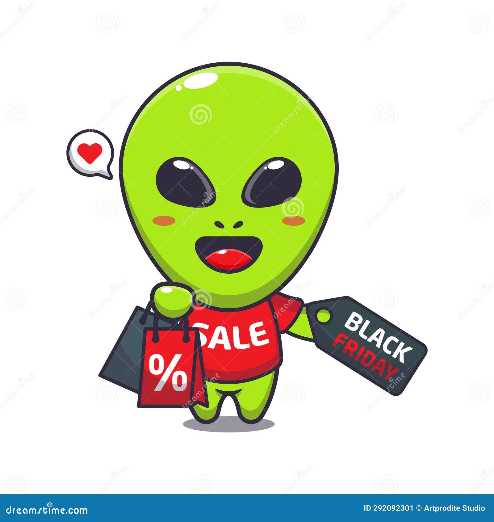 Cute Alien with Shopping Bag and Black Friday Sale Discount Cartoon ...