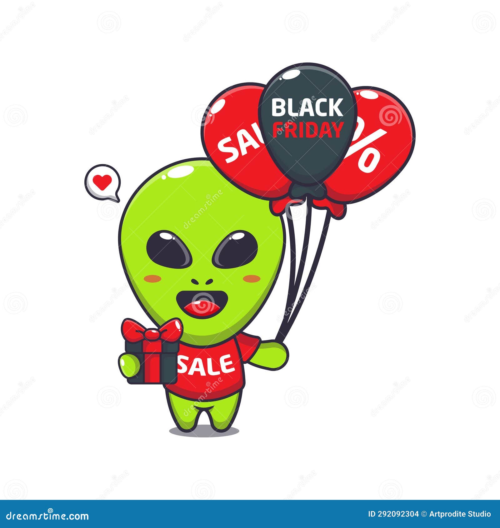 Cute Alien with Gifts and Balloons in Black Friday Sale Cartoon Vector ...