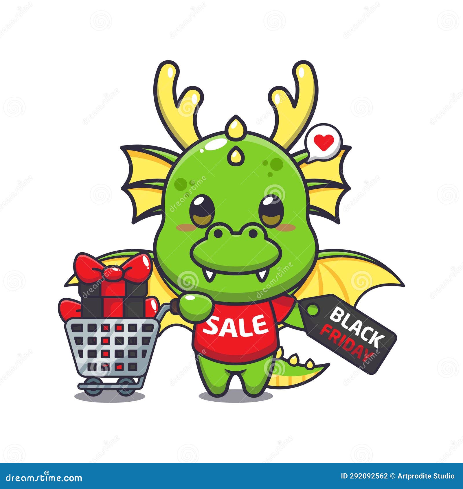 Cute Dragon with Shopping Cart and Discount Coupon Black Friday Sale Cartoon Vector Illustration ...