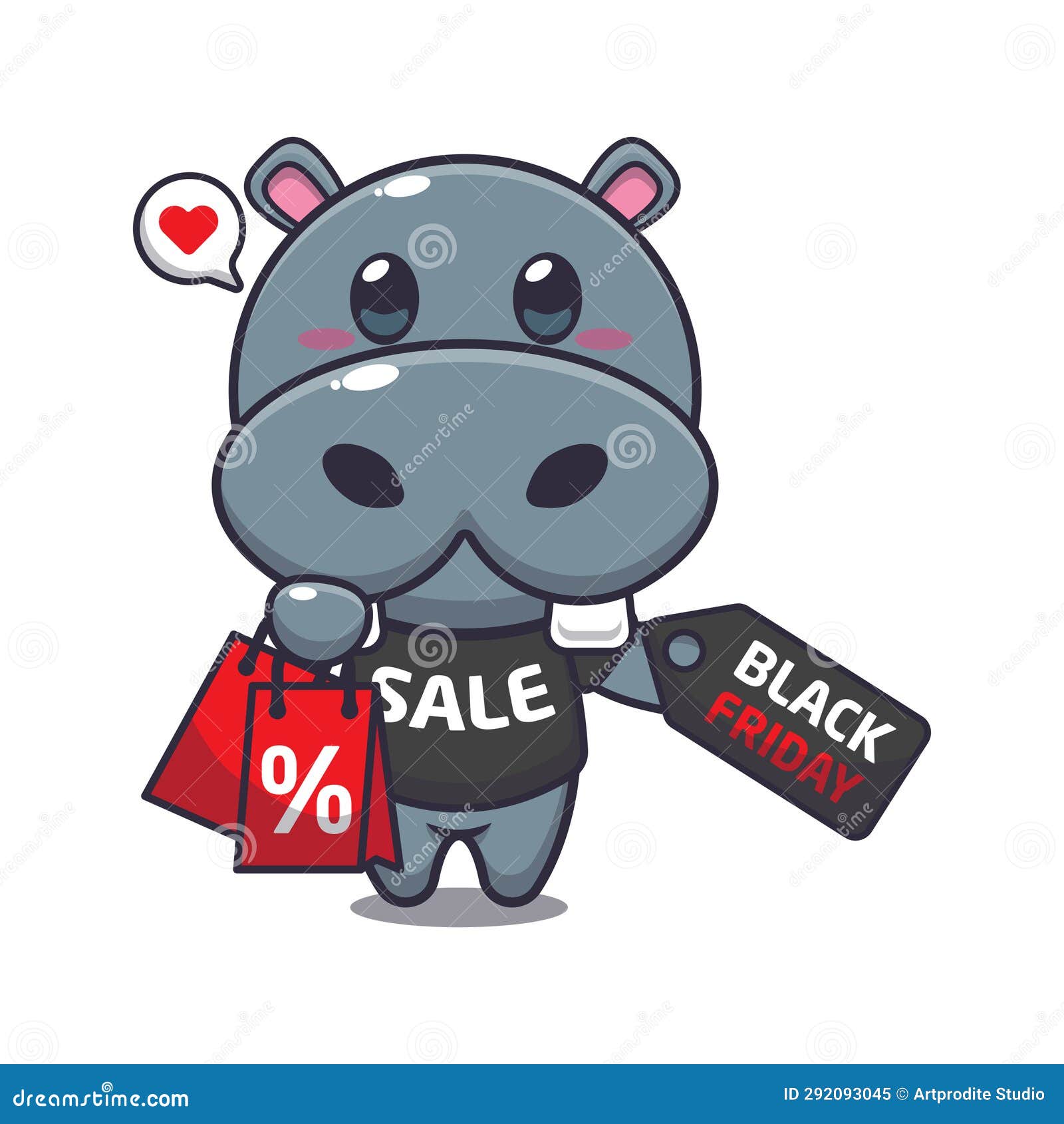 Cute Hippo with Shopping Bag and Black Friday Sale Discount Cartoon ...