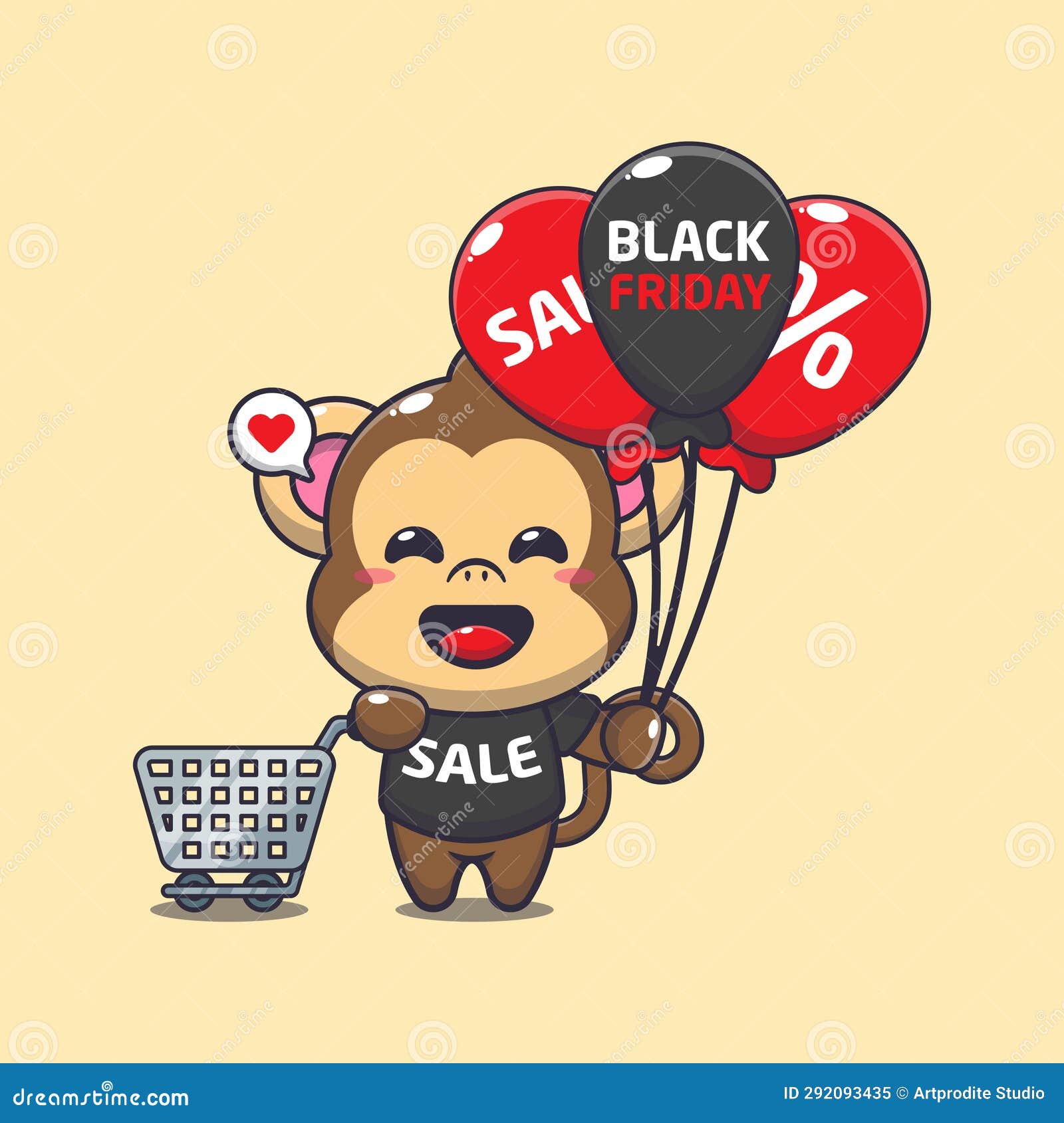 Cute Monkey with Shopping Cart and Balloon at Black Friday Sale Cartoon ...