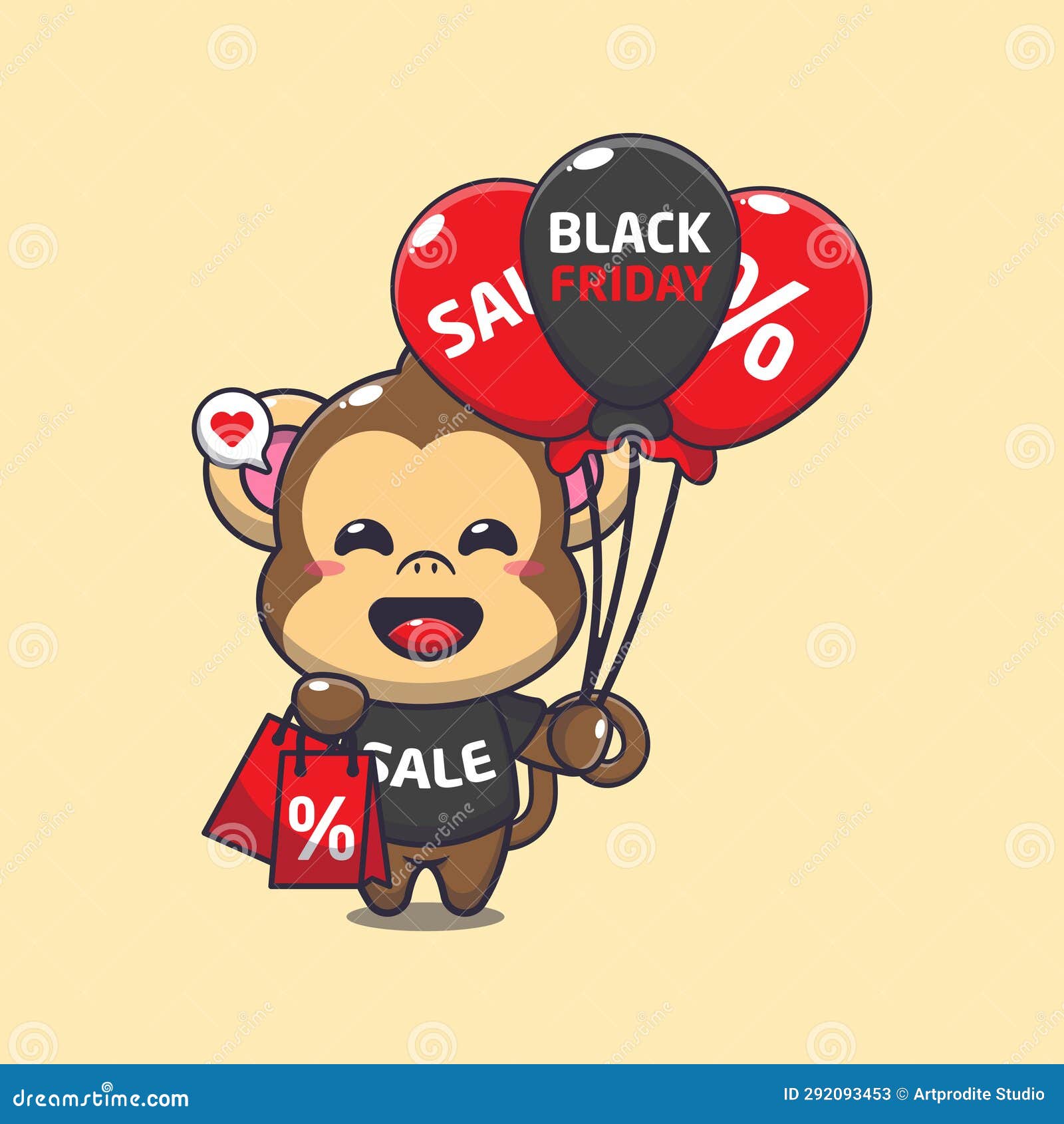 Cute Monkey with Shopping Bag and Balloon at Black Friday Sale Cartoon ...