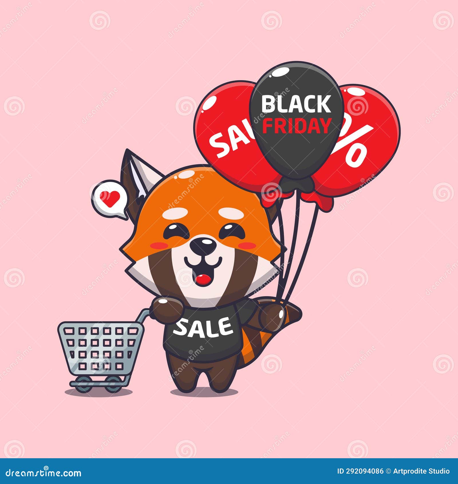 Cute Red Panda with Shopping Cart and Balloon at Black Friday Sale ...