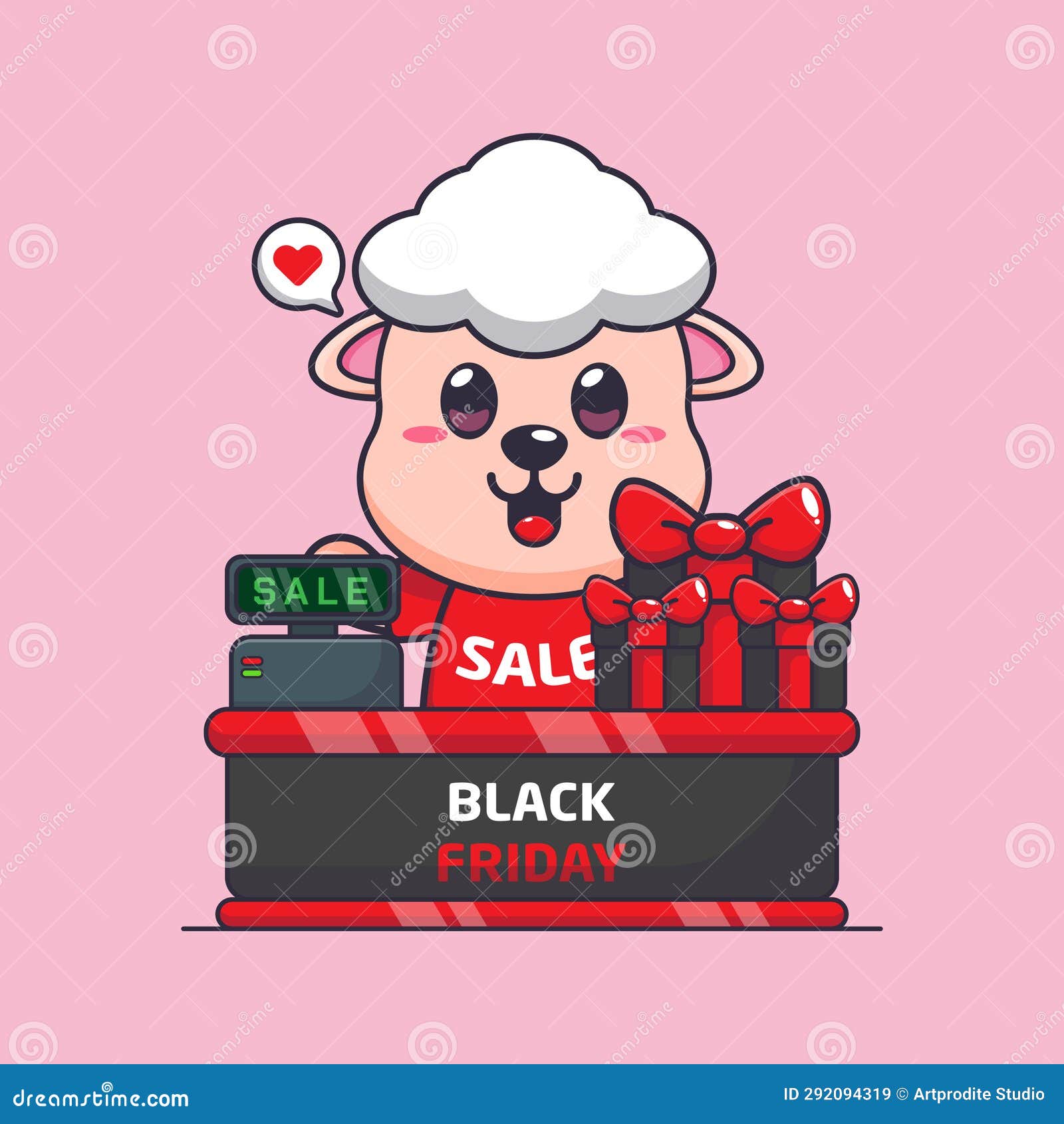 Cute Sheep with Cashier Table in Black Friday Sale Cartoon Vector ...