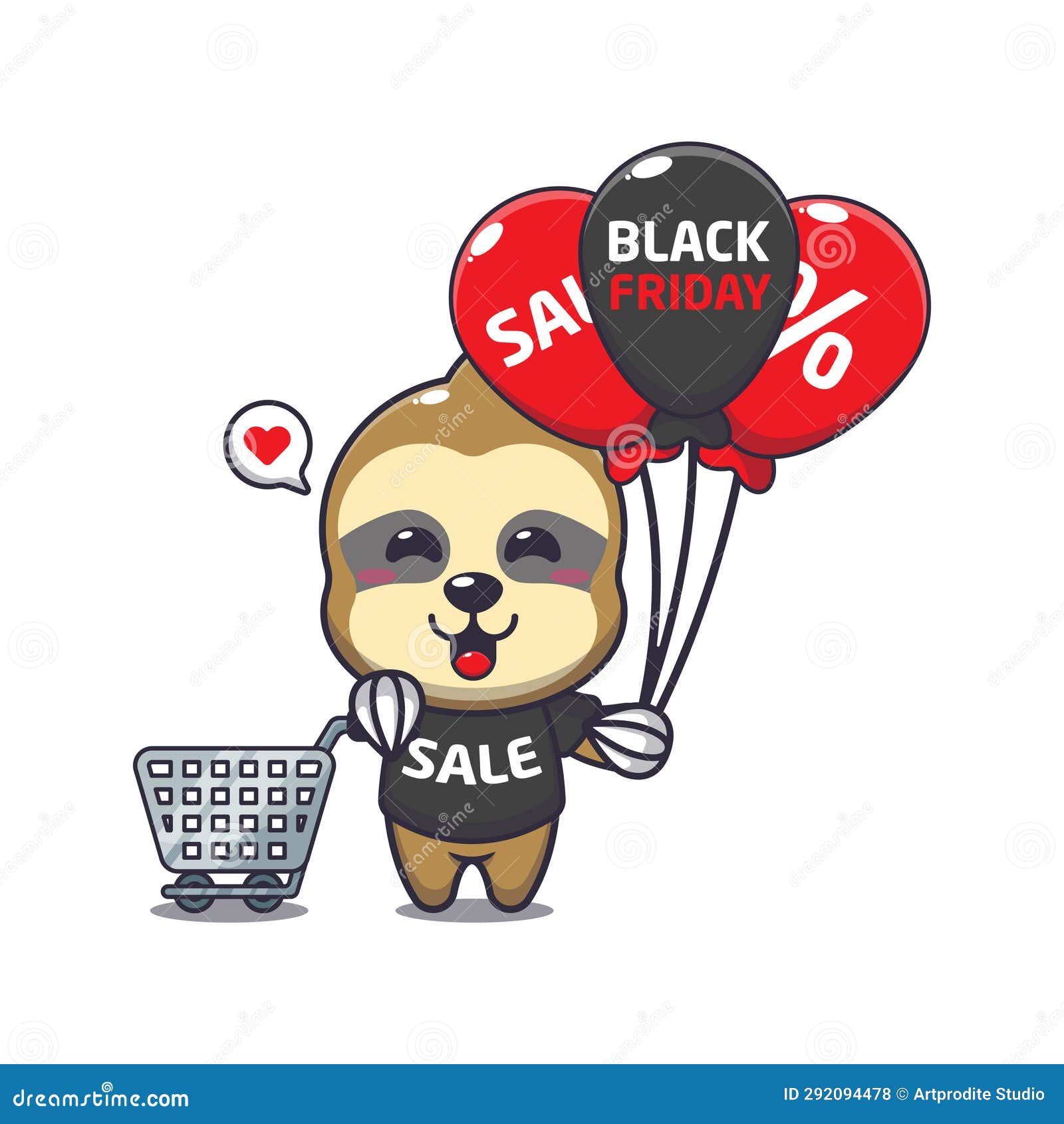 Cute Sloth with Shopping Cart and Balloon at Black Friday Sale Cartoon ...