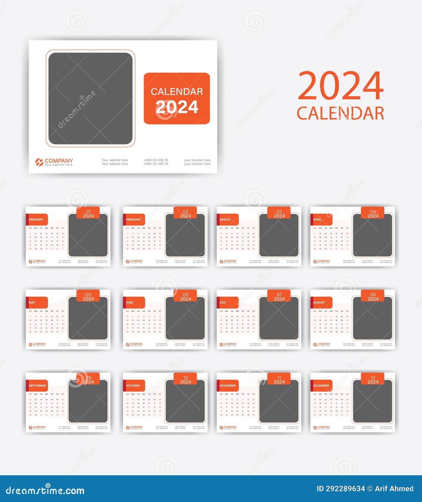 Modern 2024 Calendar Template New Year 2024 Desk Calendar Design Stock ...
