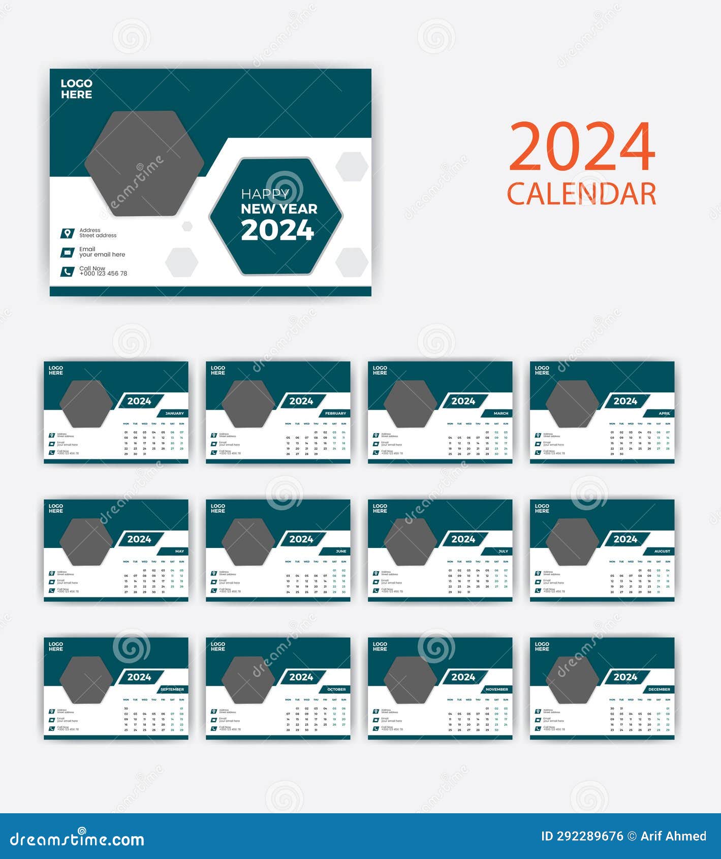 Modern 2024 Calendar Template New Year 2024 Desk Calendar Design Stock ...