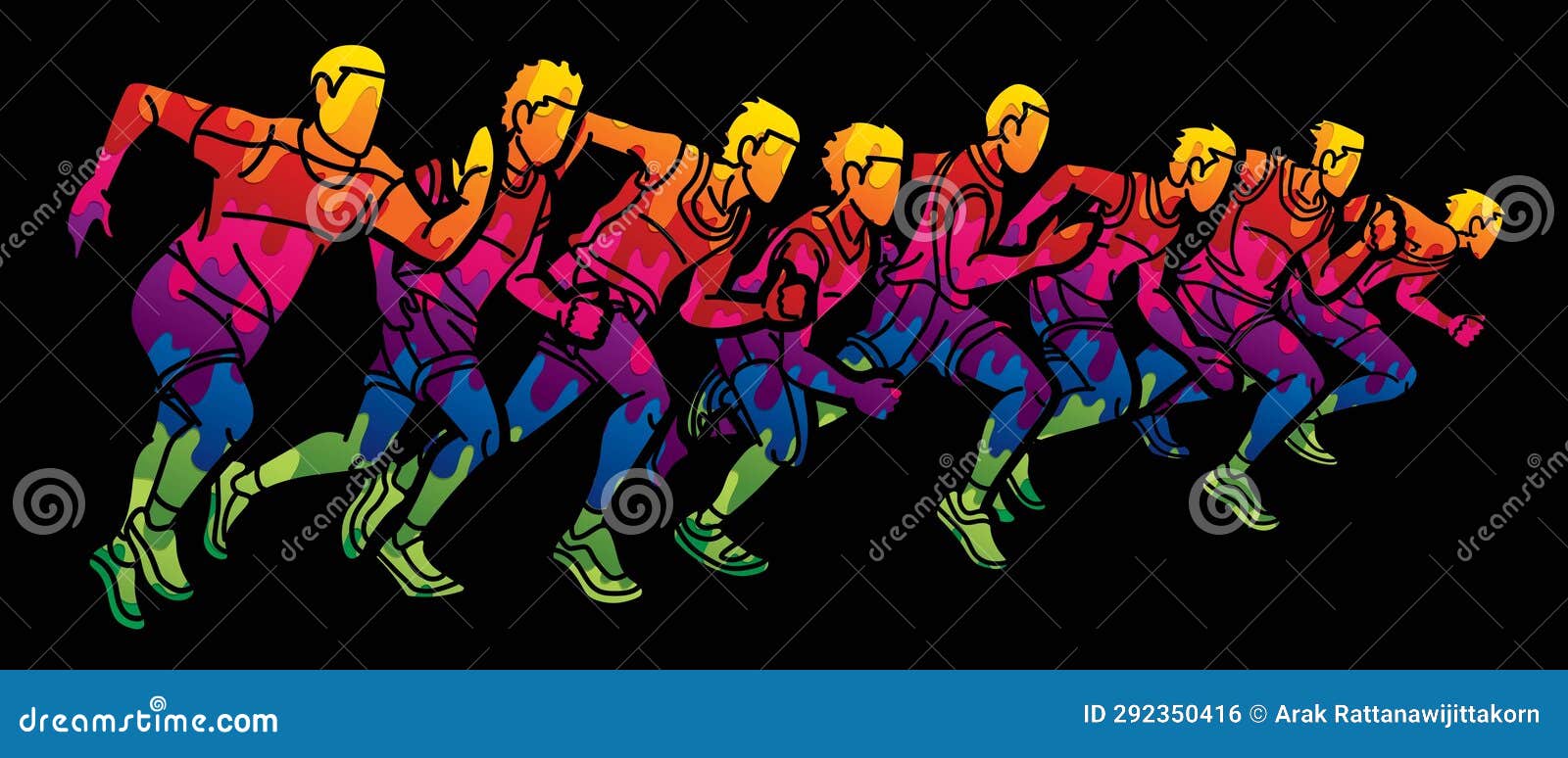 Men Start Running Together Marathon Runner Action Cartoon Sport Graphic ...