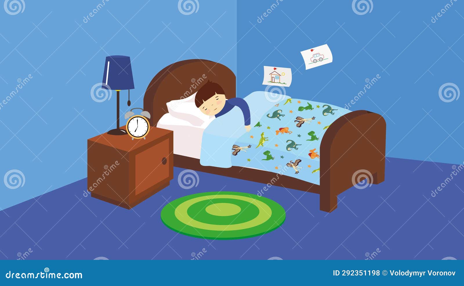 A Boy Sleeping in His Bed with Alarm Clock. Stock Vector - Illustration ...
