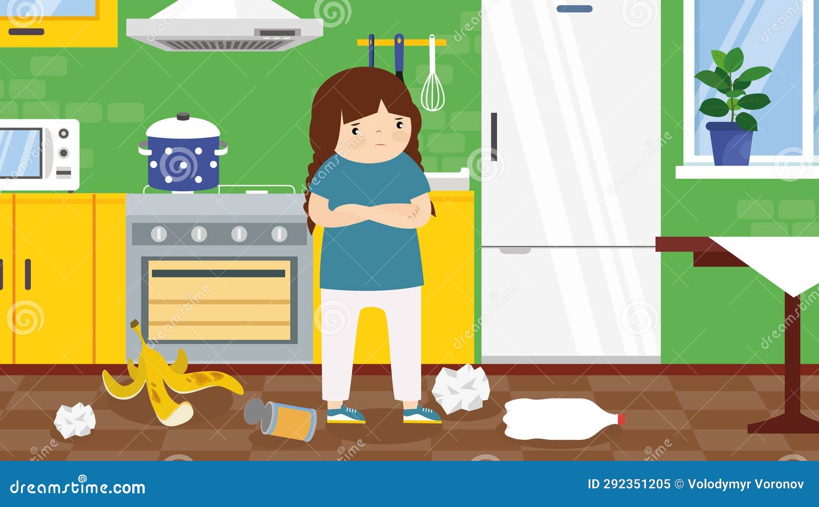 Little Girl Suffering from Garbage in the Kitchen Stock Illustration ...