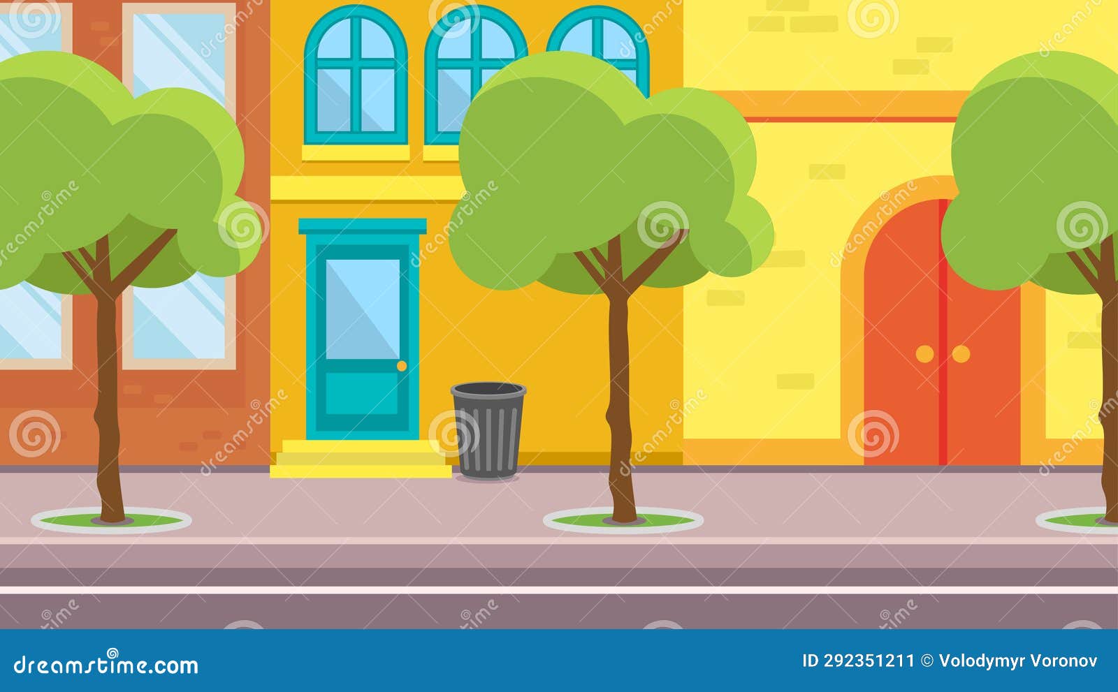 City Street with Green Trees and Bushes. Vector Illustration Stock ...
