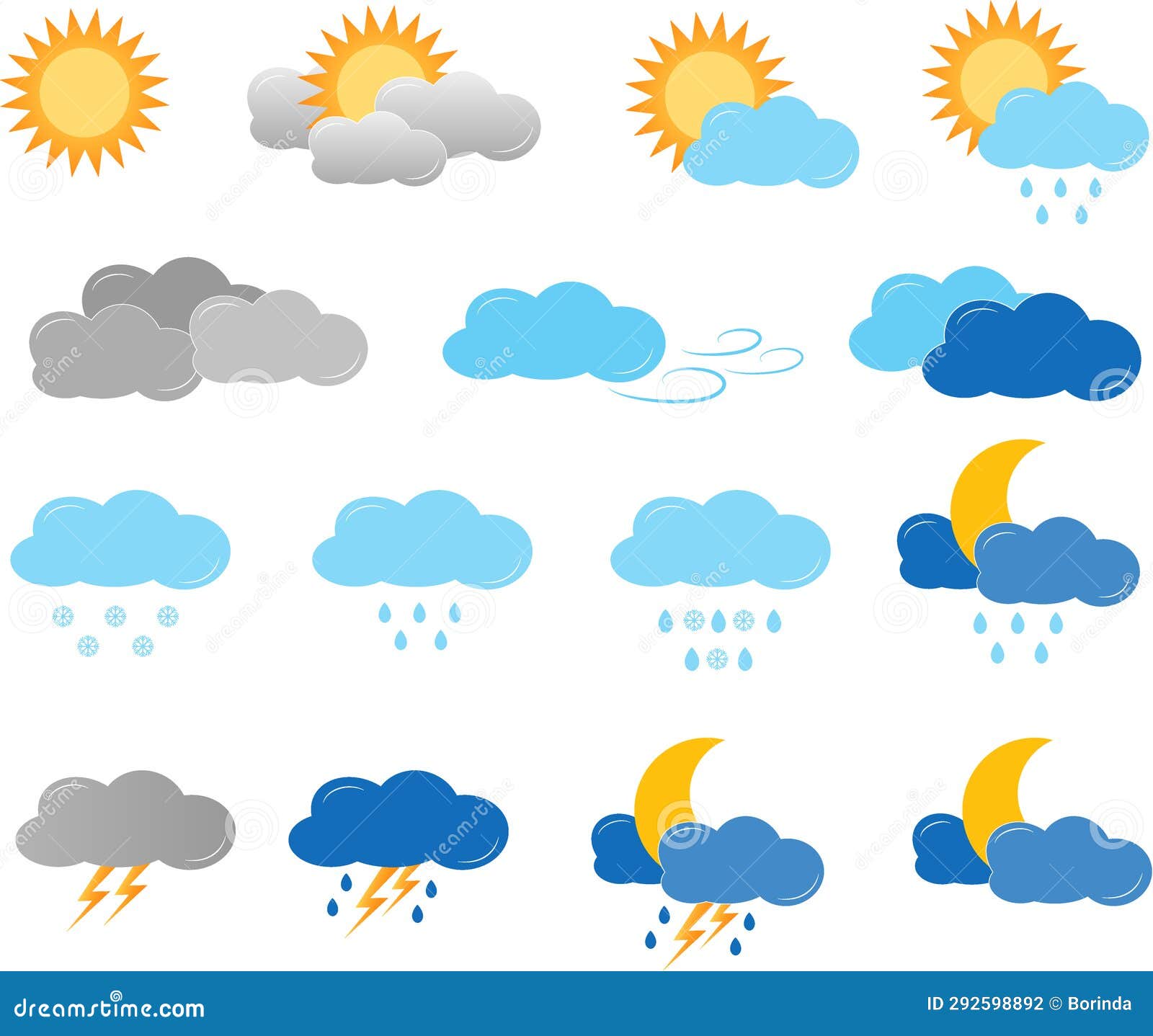 Weather Elements Vector Illustration of Clouds, Sun, Moon, Rain Stock ...
