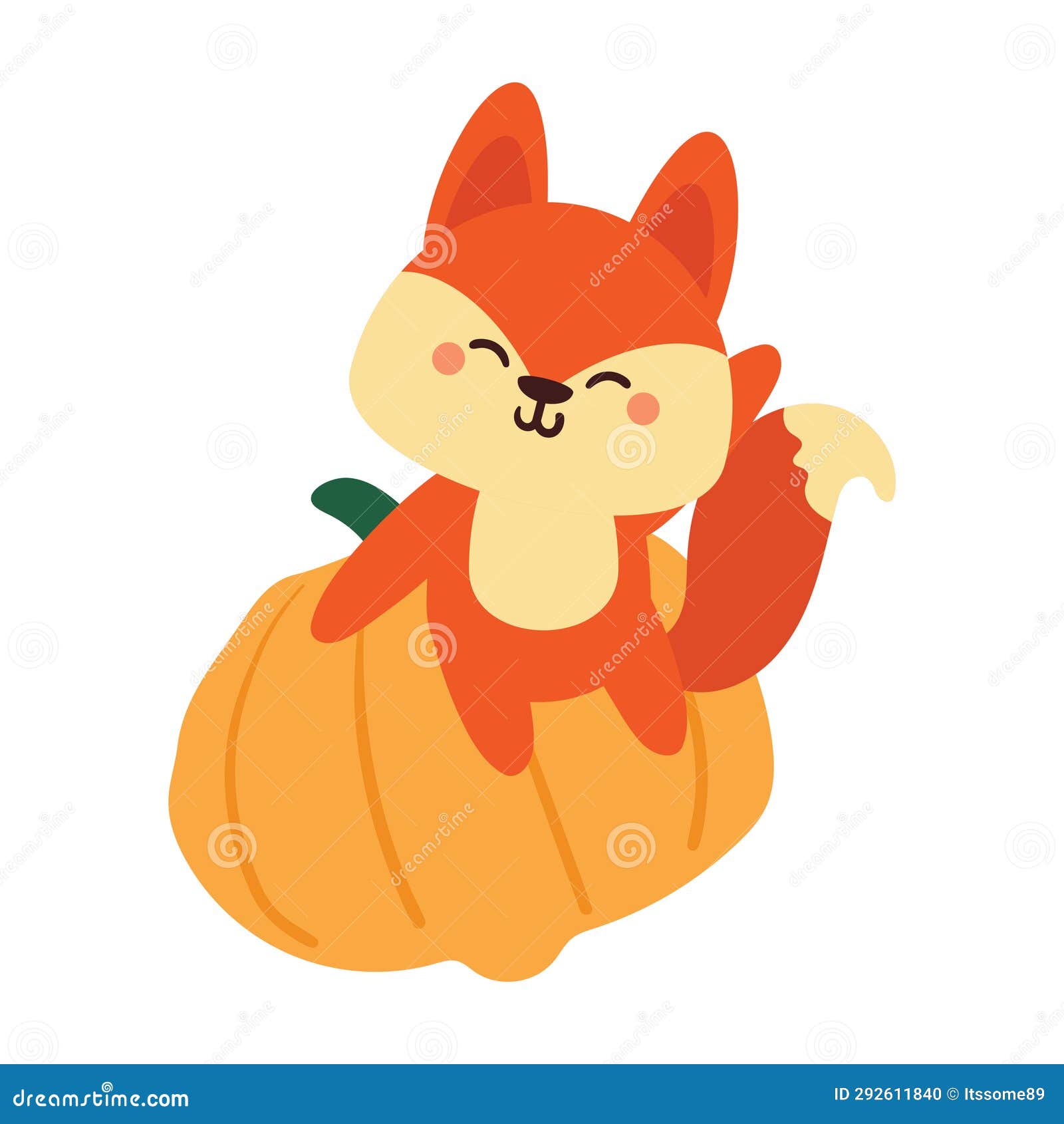 Hand Drawing Cartoon Fox Sitting on Top of Pumpkin Stock Vector ...