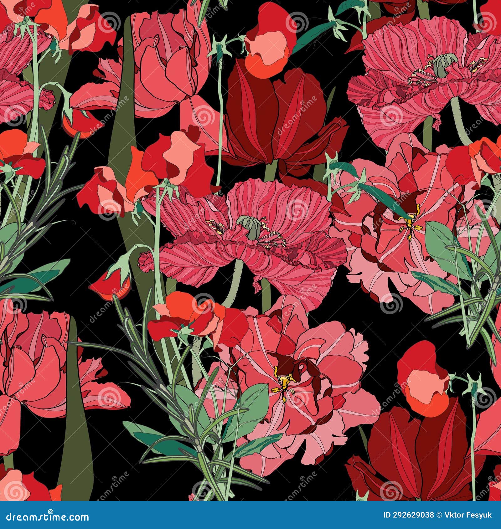 Red Colors Seamless Tropical Pattern with Colorful Garden Flowers ...