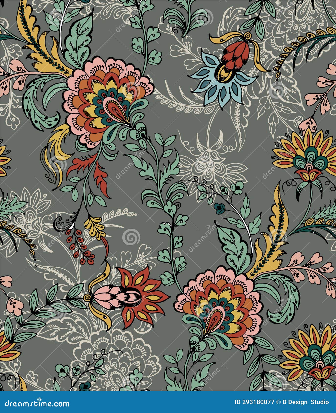 Traditional Flowers Seamless Vector Pattern Stock Vector - Illustration ...