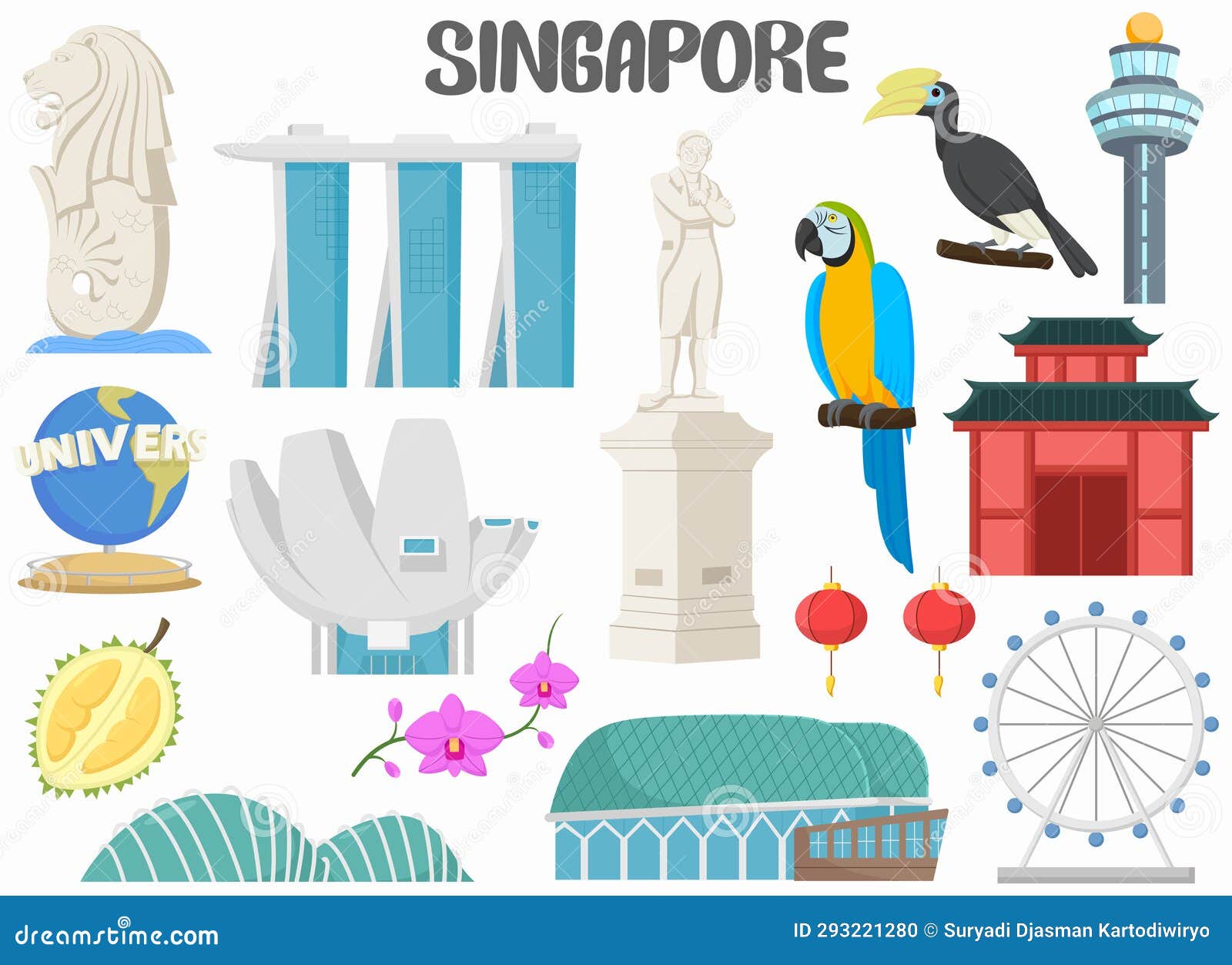 Set of Singapore Famous Landmarks Stock Vector - Illustration of ...
