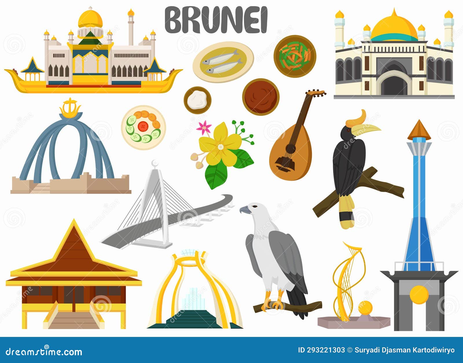 Set of Brunei Famous Landmarks Stock Vector - Illustration of ethnic ...