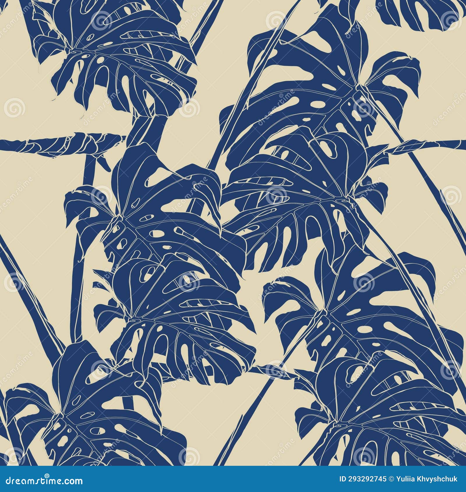 Blue Monstera Leaves Seamless Pattern on Beige Background. Tropical ...