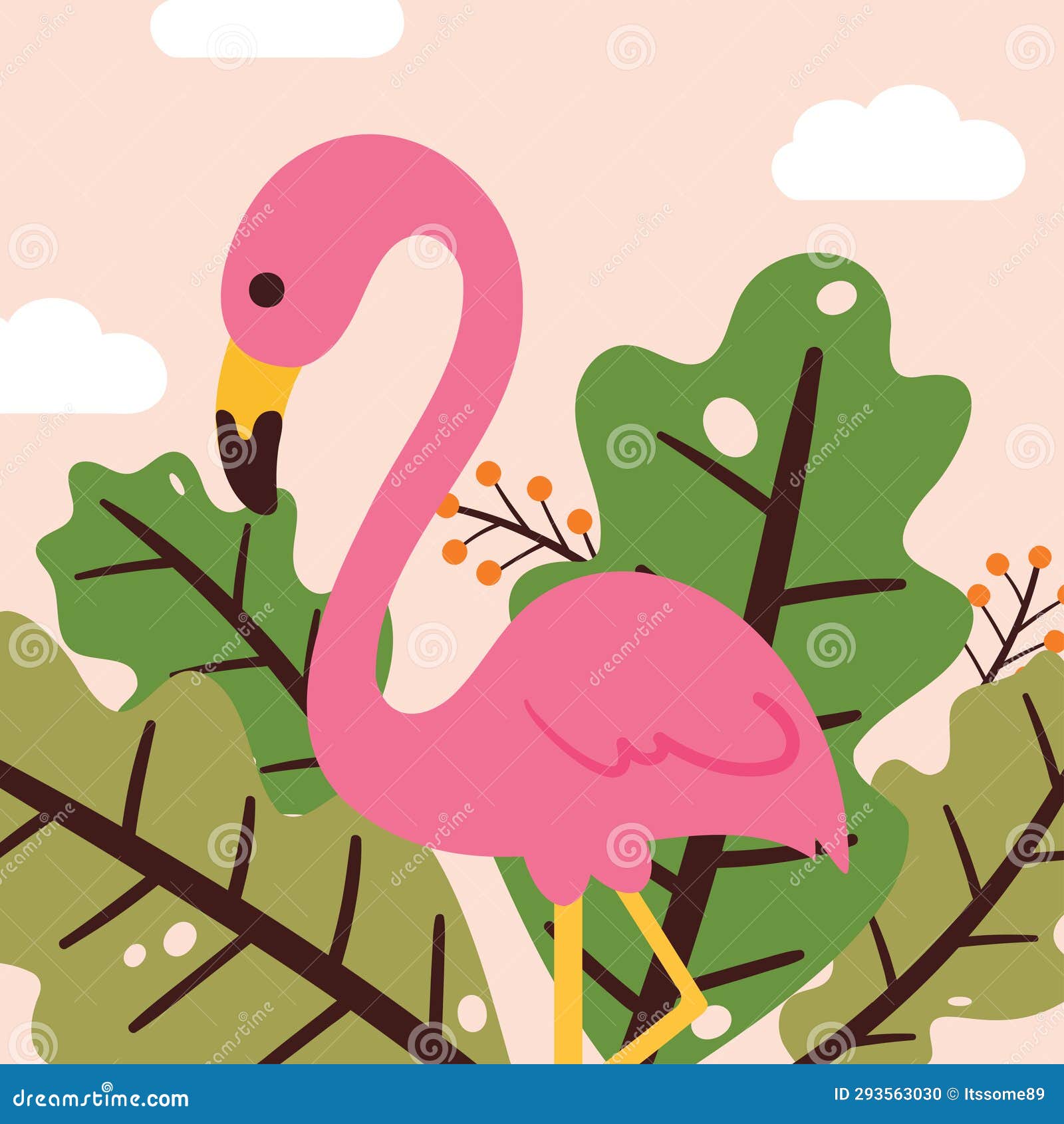 Cute Hand Drawing Cartoon Flamingo with Leaves Stock Vector ...