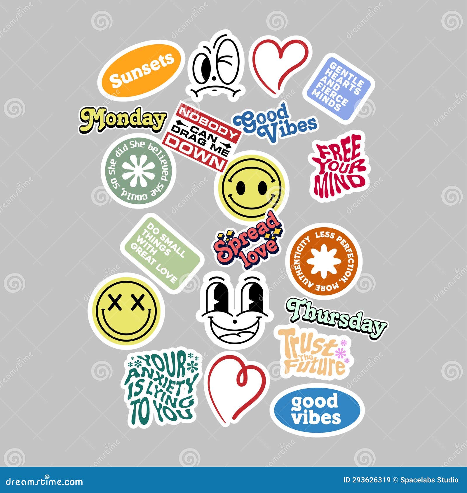 Cute Vintage Sticker Pack Aesthetic Quotes Print Design Templates Stock ...