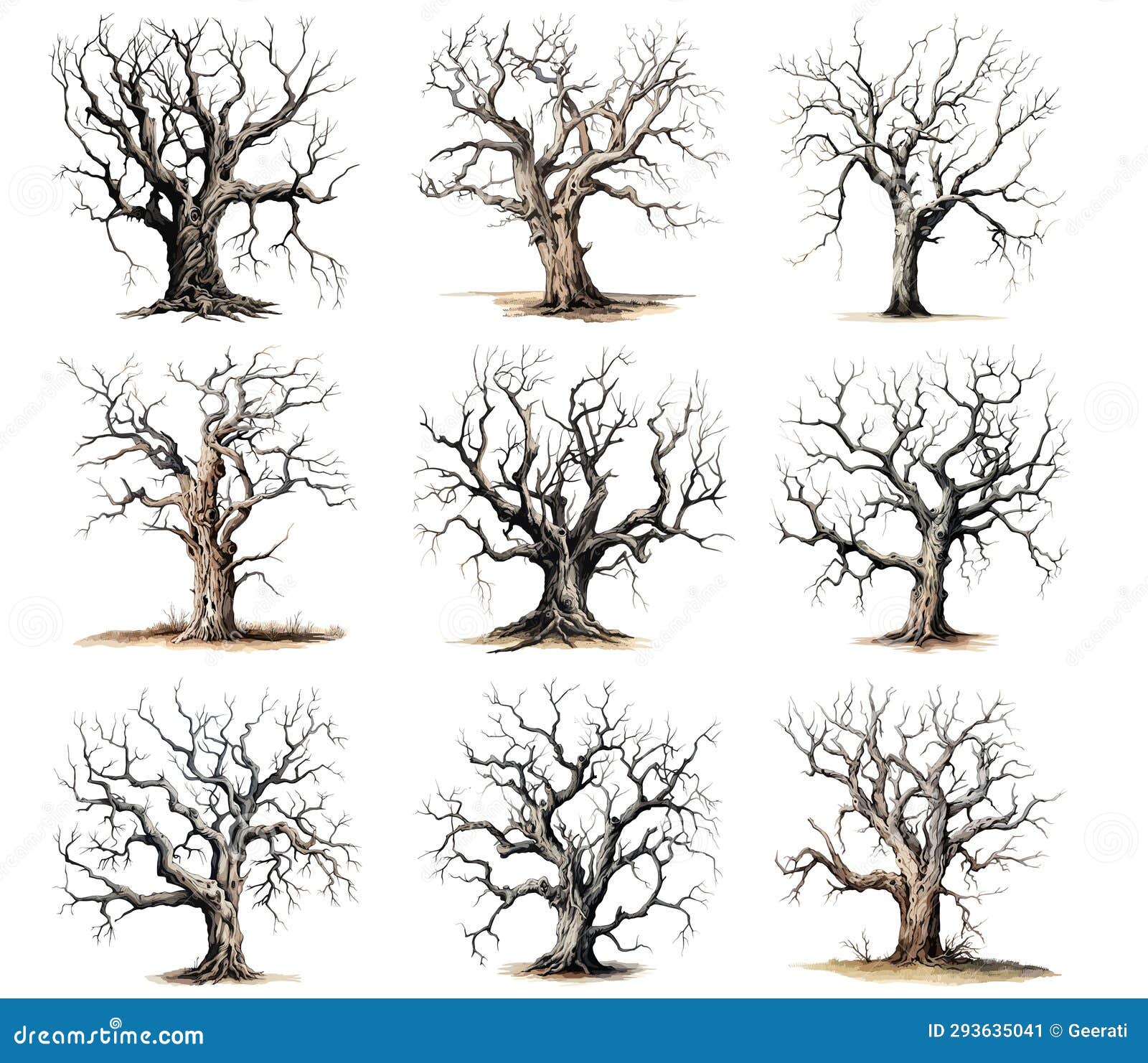 Scary Dead Withered Tree Watercolor Illustration Set, Vector ...