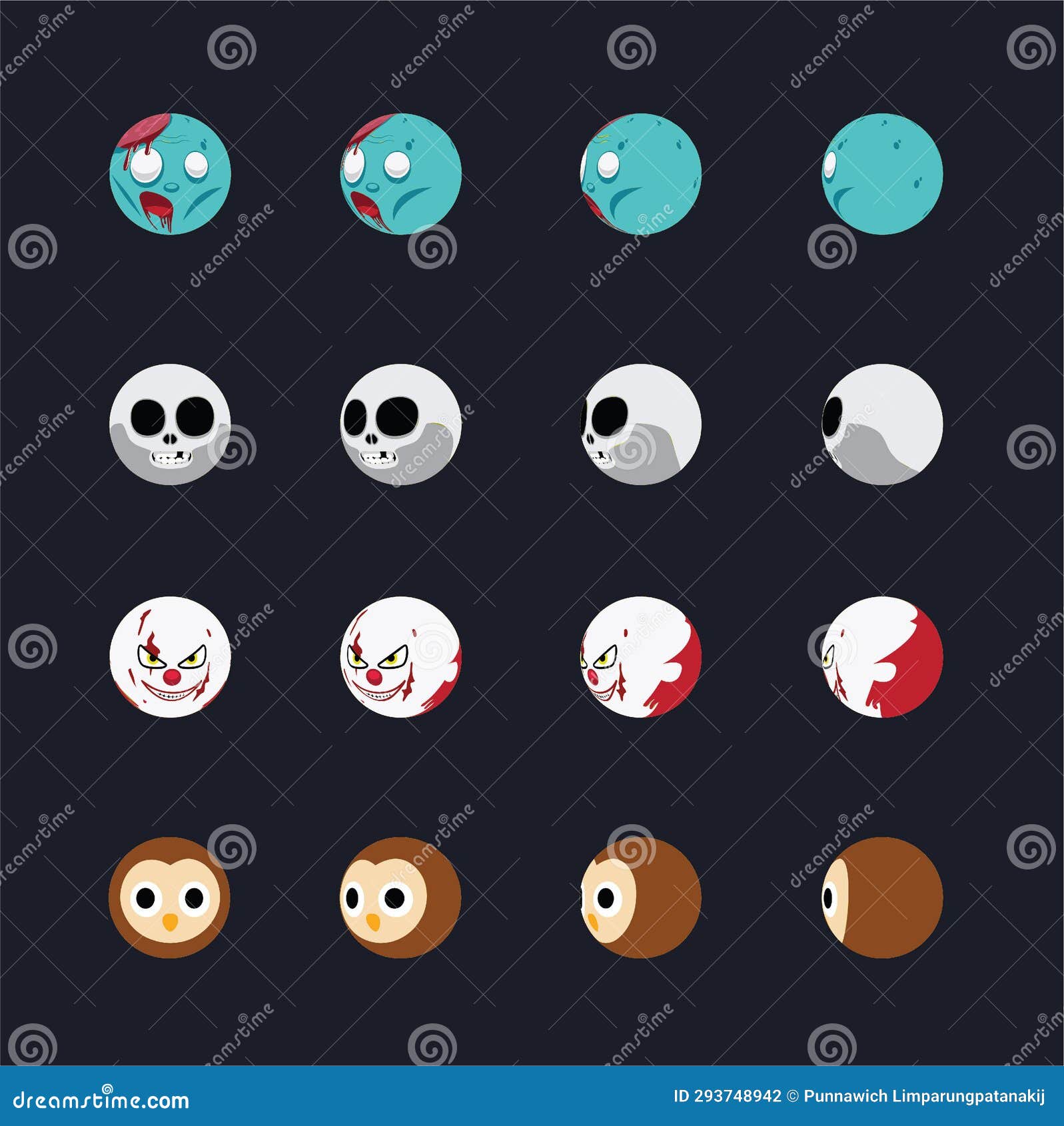 Halloween Ball Head Animation Zombie Skull Clown Owl Cartoon Vector ...