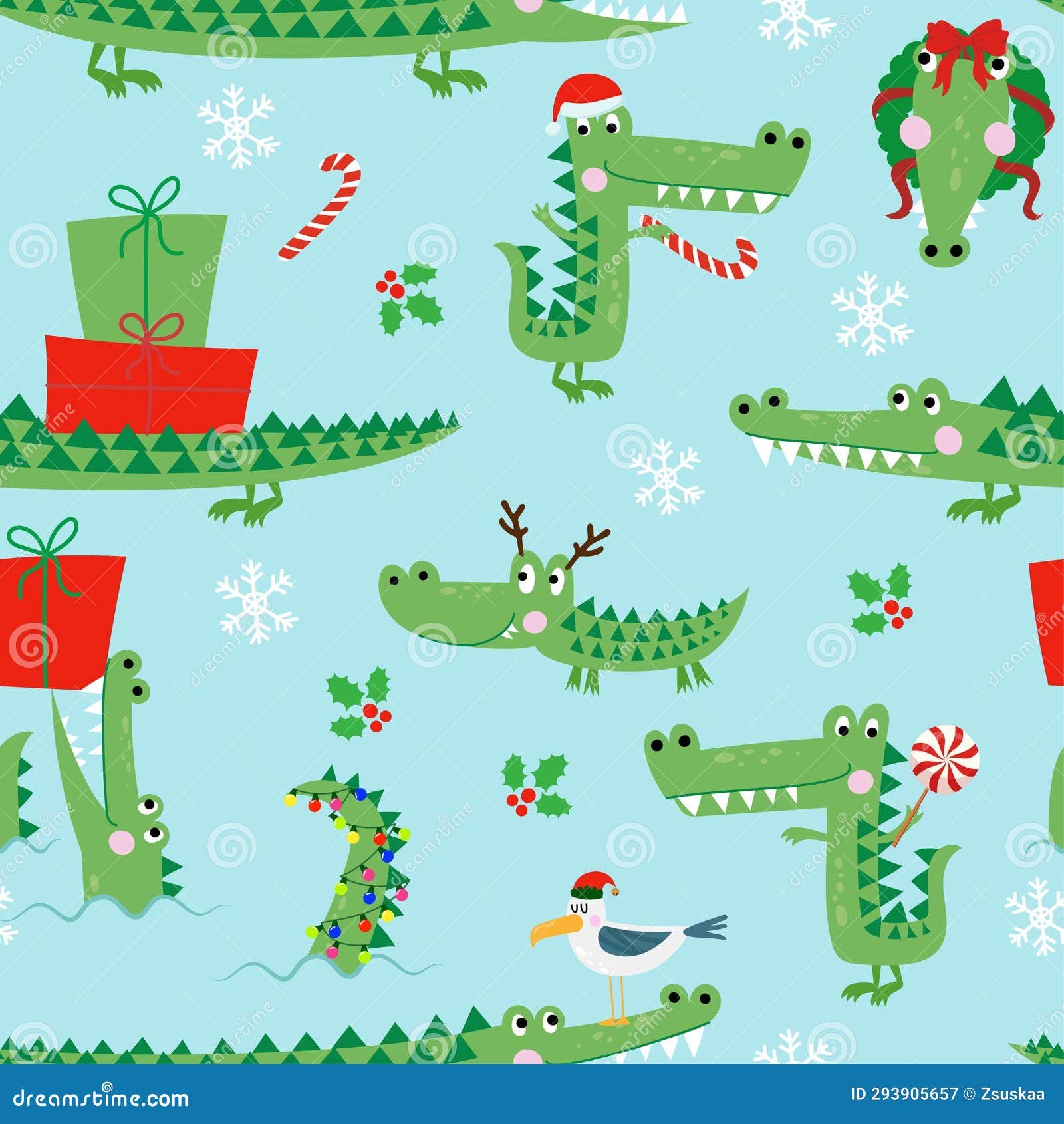 Christmas Crocodile Pattern Design with Several Alligators - Funny Hand ...