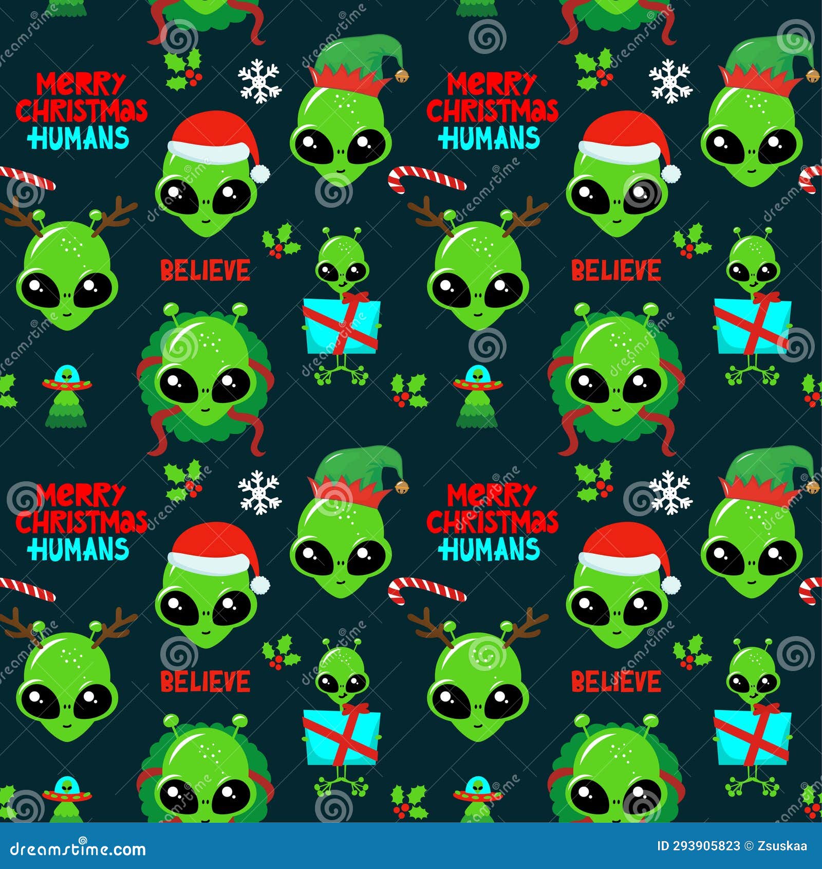Merry Christmas Humans - Cute Green Cartoon Alien Seamless Pattern ...