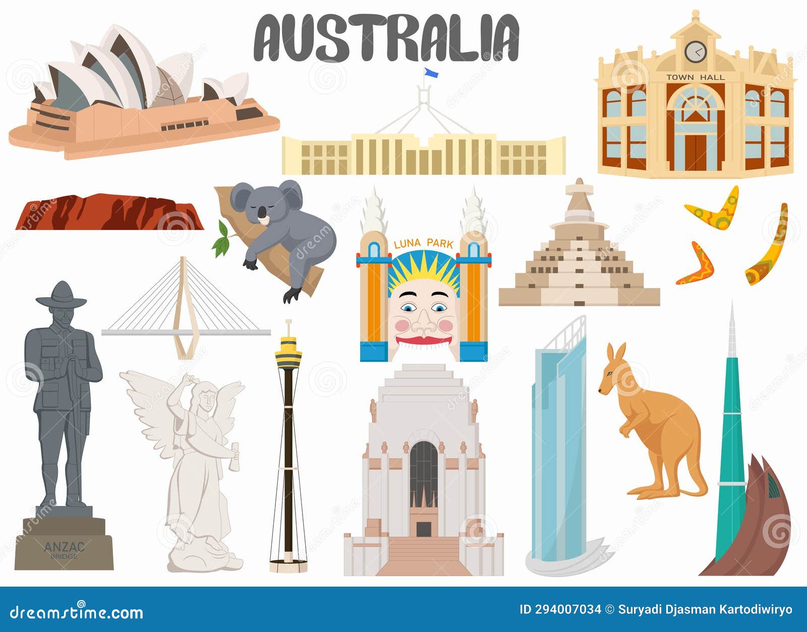 Set of Australia Famous Landmarks Stock Vector - Illustration of ...
