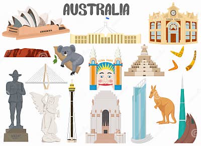 Set of Australia Famous Landmarks Stock Vector - Illustration of ...