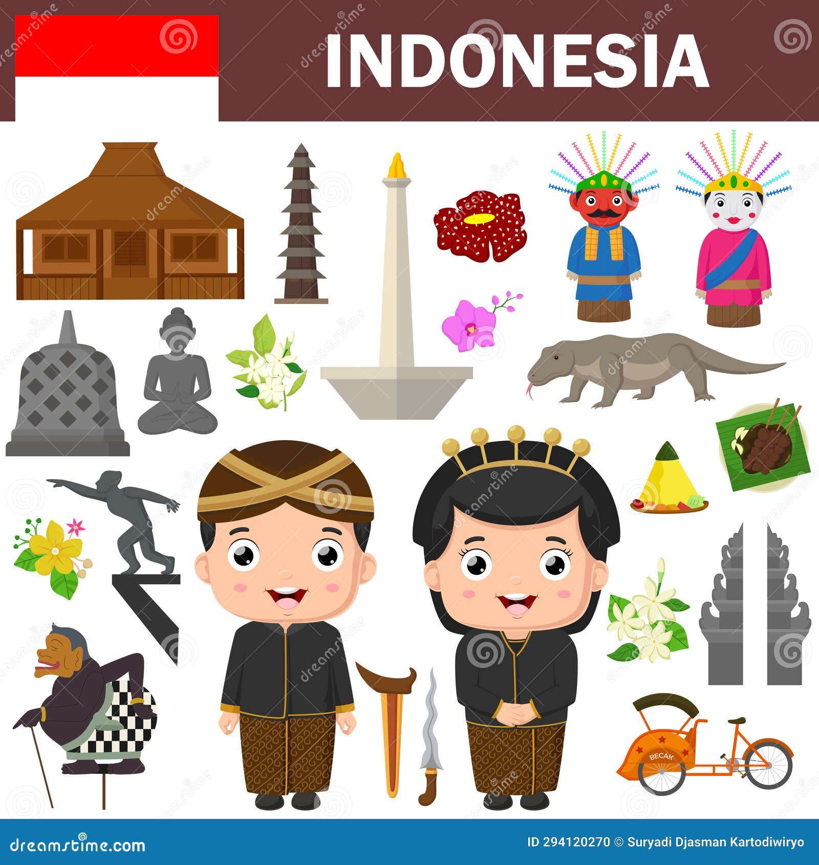 Indonesia Famous Landmark Silhouette With Red And White Color Design ...