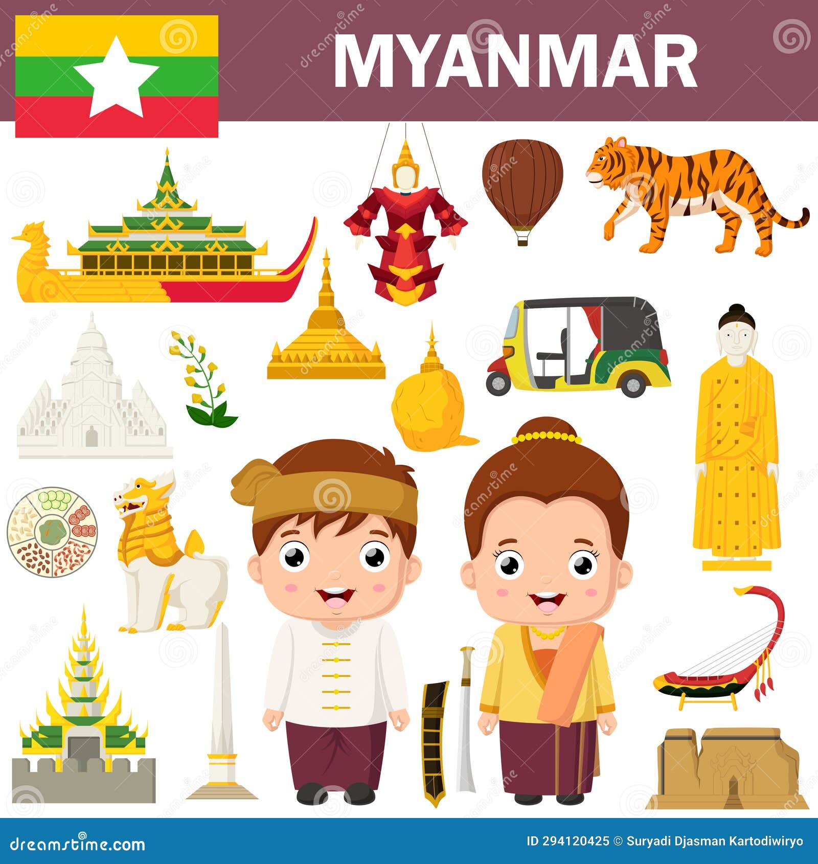 Set of Myanmar Famous Landmarks Stock Vector - Illustration of building ...