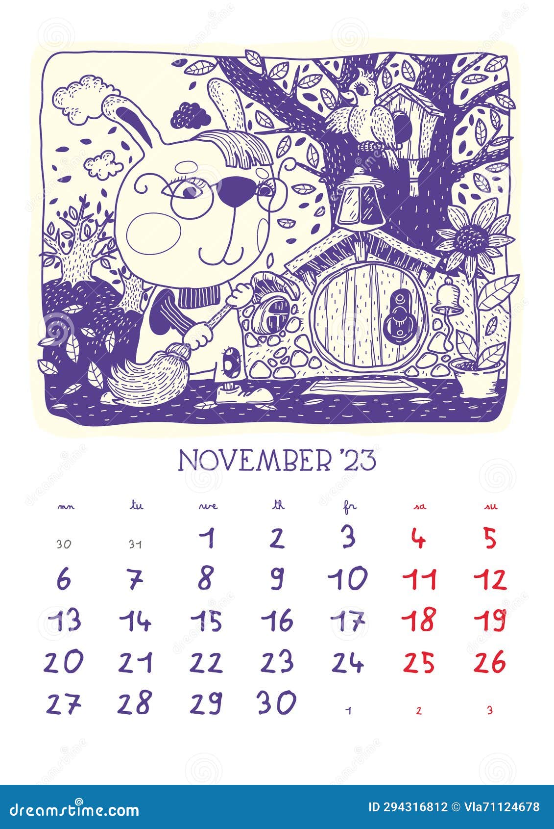 Printable November 2023 Calendar Sheet with Cute Rabbit Sweeping Up ...