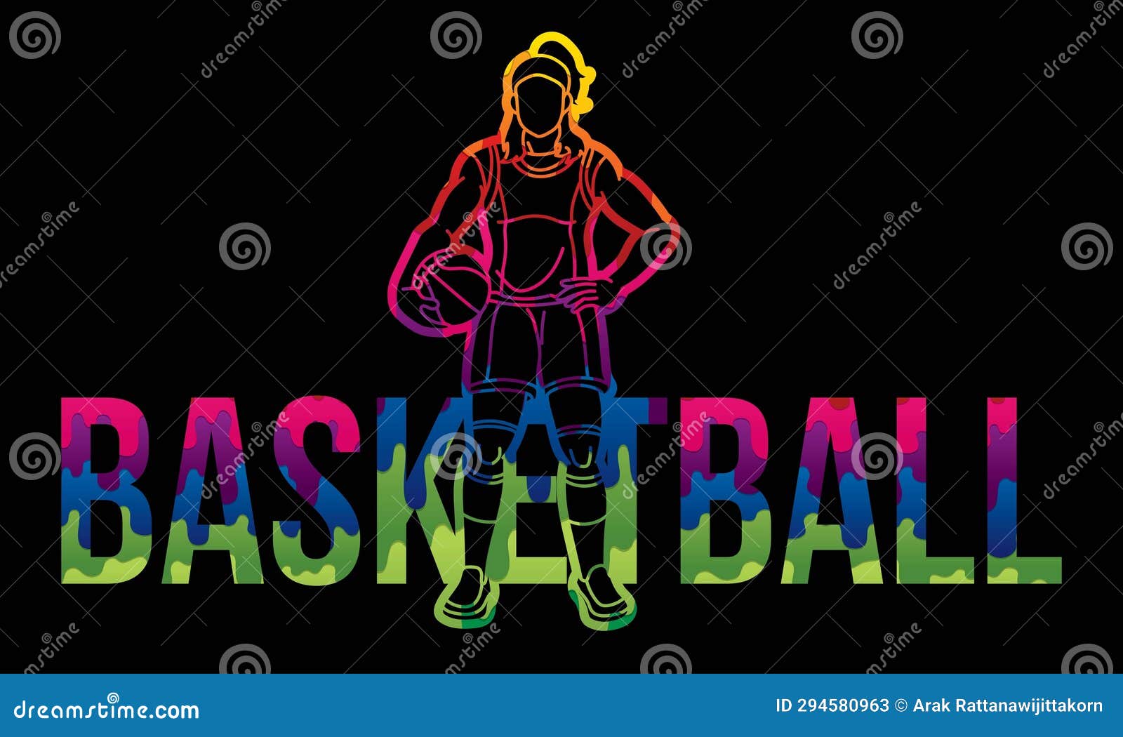 Basketball Female Player Action with Basketball Font Design Cartoon ...