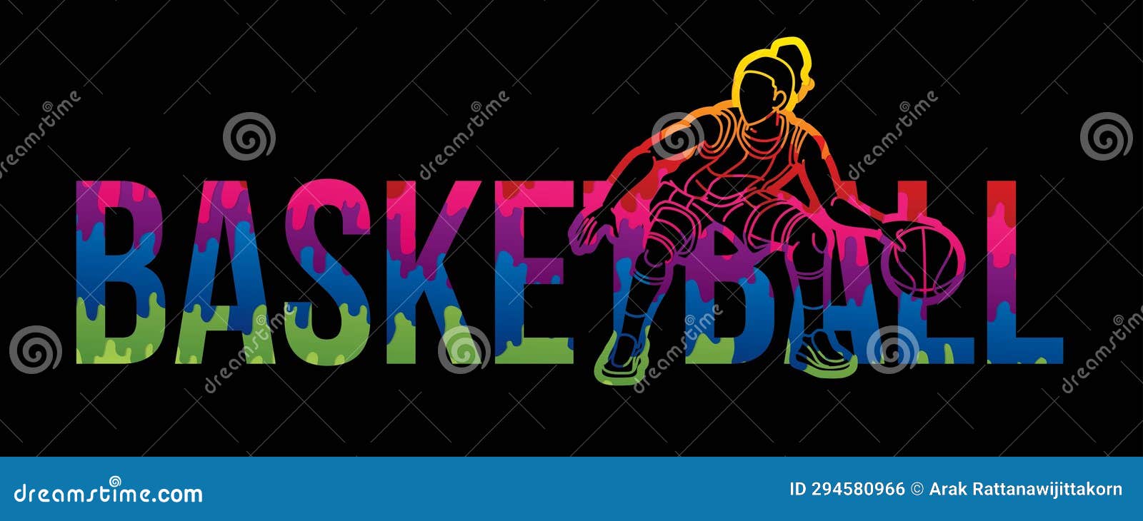 Basketball Female Player Action with Basketball Font Design Cartoon ...