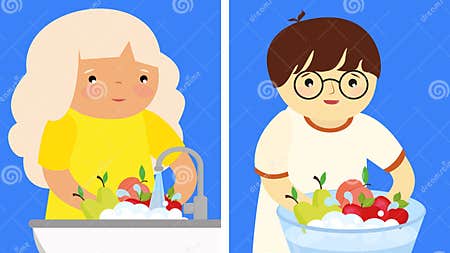 Girl and Boy Washing Fruit in the Sink. Stock Vector - Illustration of ...