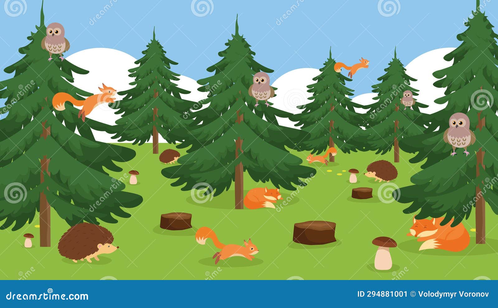 Forest Scene with Animals in Flat Style. Cartoon Illustration of Forest ...