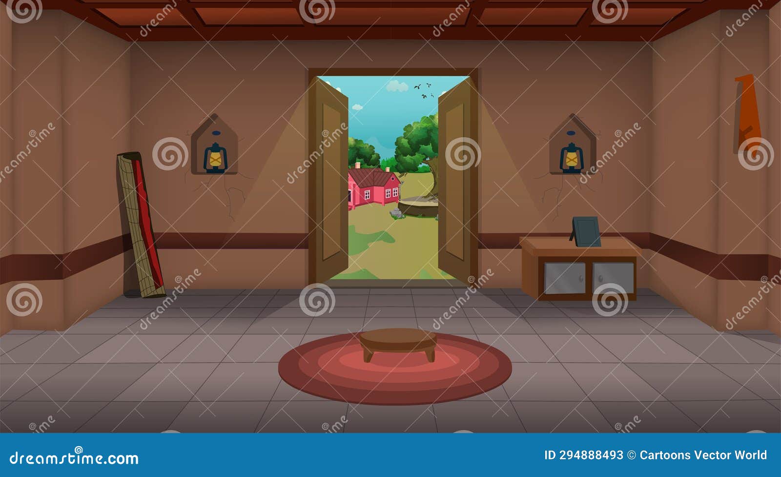Village Room Inside Cartoon Background Vector Artwork Poor Room ...