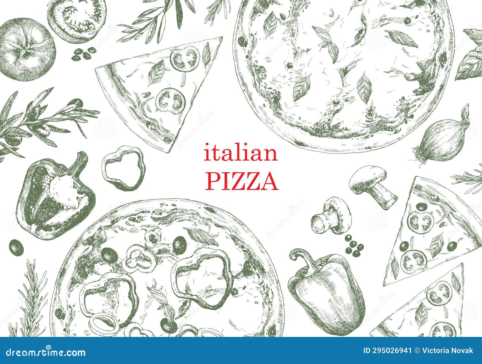 Traditional Italian Dishes. Hand-drawn Illustration of Pizza. Italian ...