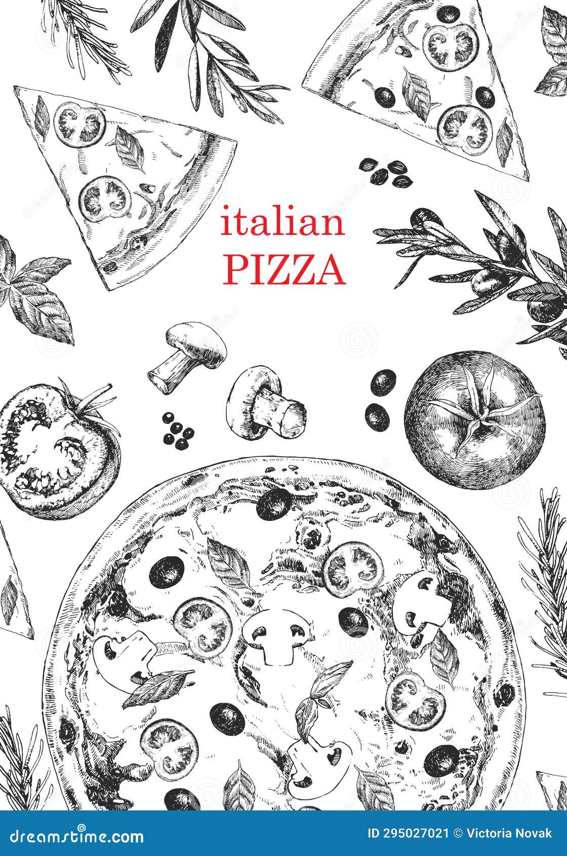 Traditional Italian Dishes. Hand-drawn Illustration of Pizza. Italian ...