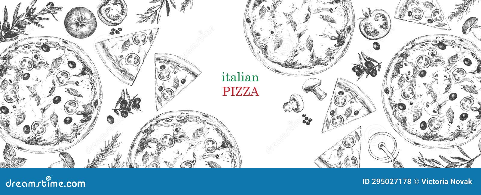 Traditional Italian Dishes. Hand-drawn Illustration of Pizza. Italian ...
