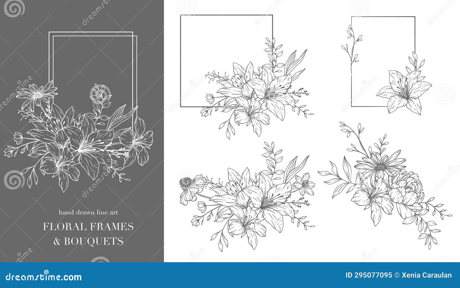 Wildflowers Line Drawing. Floral Frames and Bouquets. Floral Line Art ...